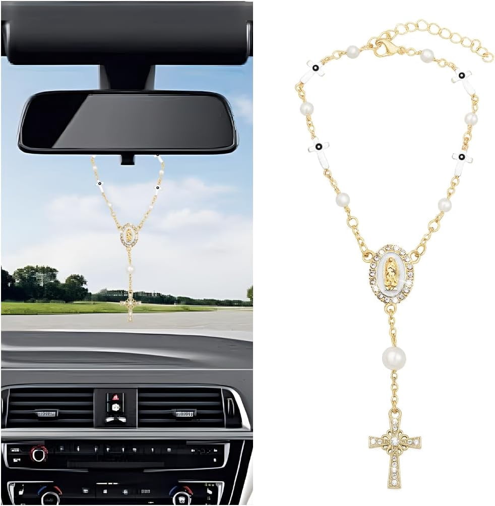 Bling Car Rosary for Rearview Mirror, Evil Eye Bead Cross Crystal ...