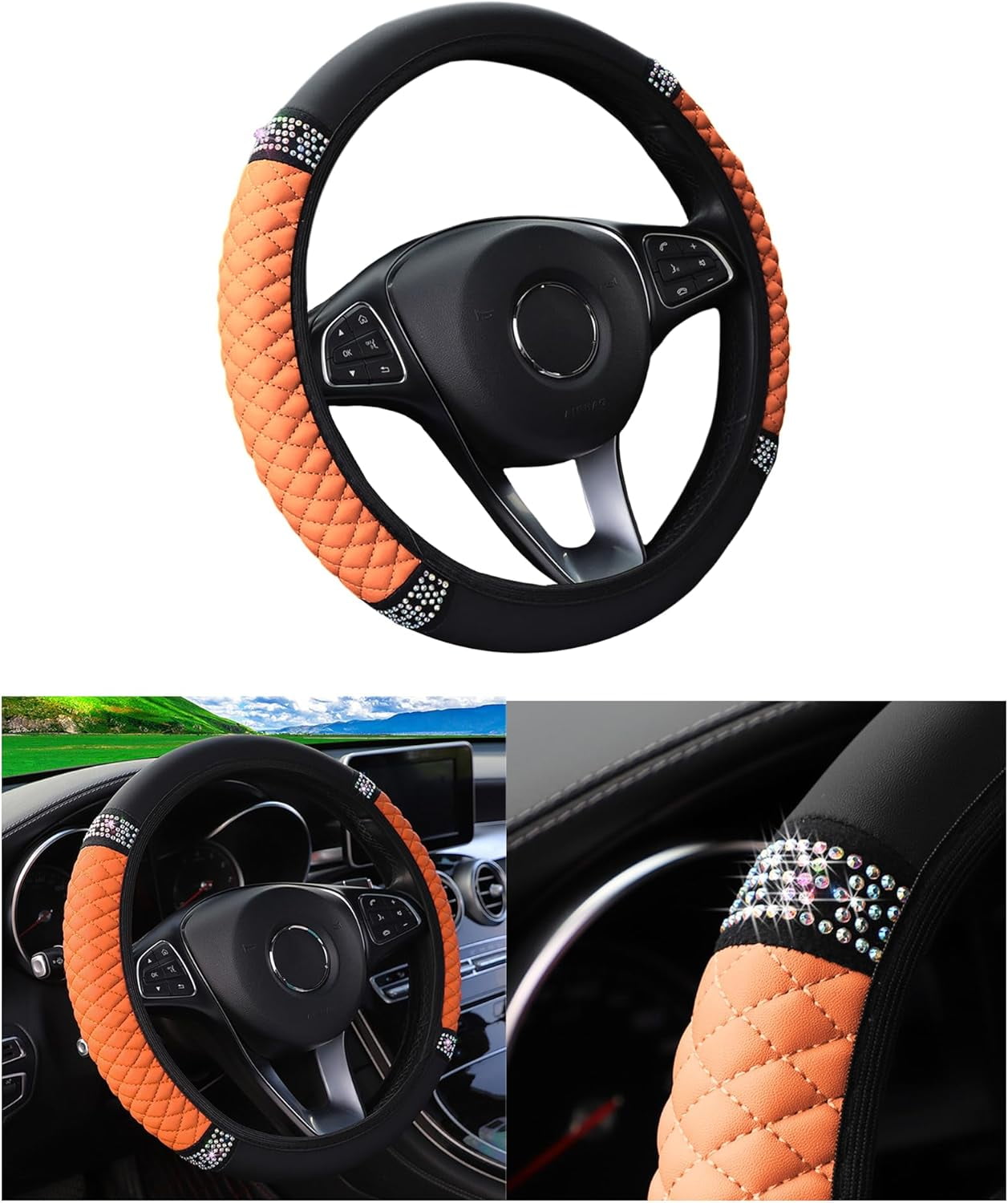 Bling Car Steering Wheel Cover, 15 Inch Rhinestones Soft Leather ...