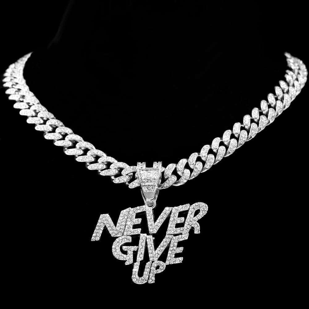 Bling Crystal NEVER GIVE UP Letter Pendant Necklace - New 13mm Iced Out ...