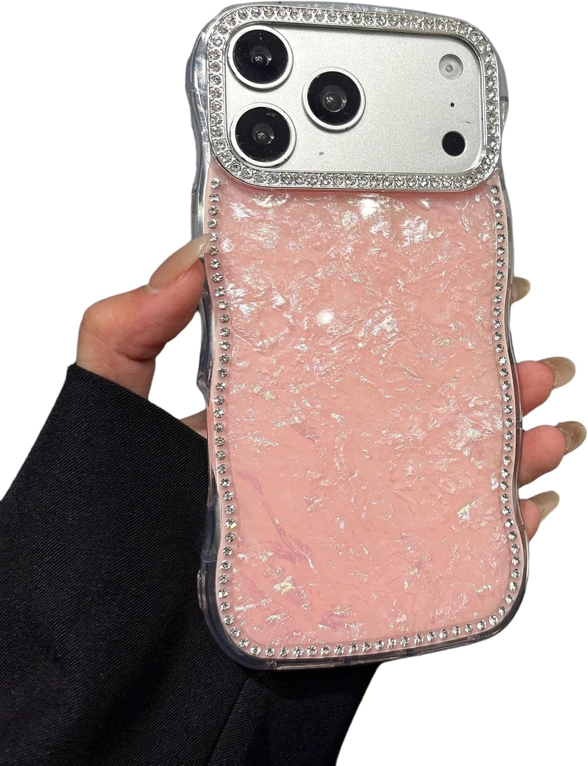 Bling Glitter Diamond Wavy Edge Shell Phone Case for iPhone (Pink ...