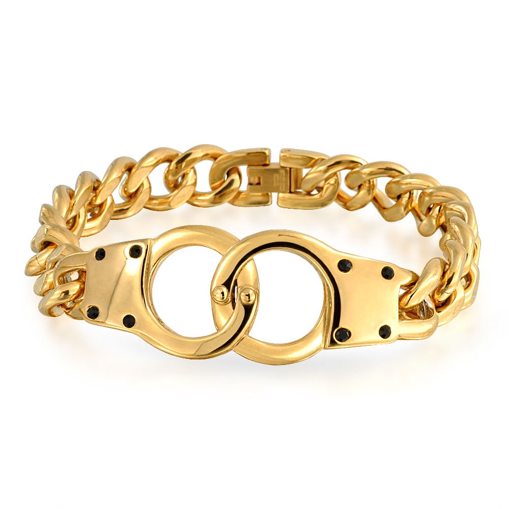 Bling Jewelry Mens Handcuff Bracelet Partners in Gold Plated Stainless ...