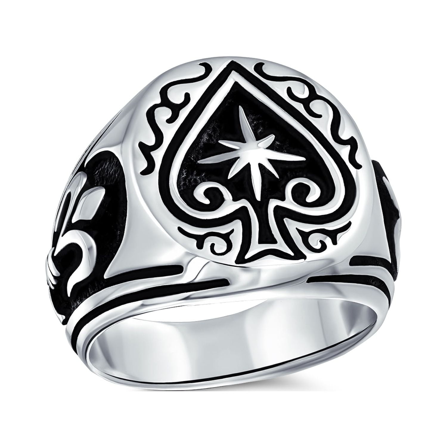 Bling Jewelry Mens Mens Silver Ring with Antiqued Black Ace of Spades ...
