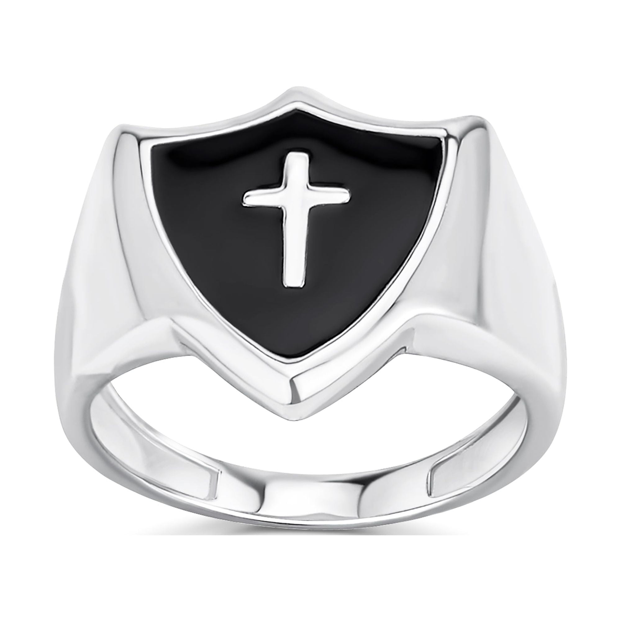 Bling Jewelry Mens Mens Silver Ring with Black Onyx Inlay and Christian Shield Cross Design ...