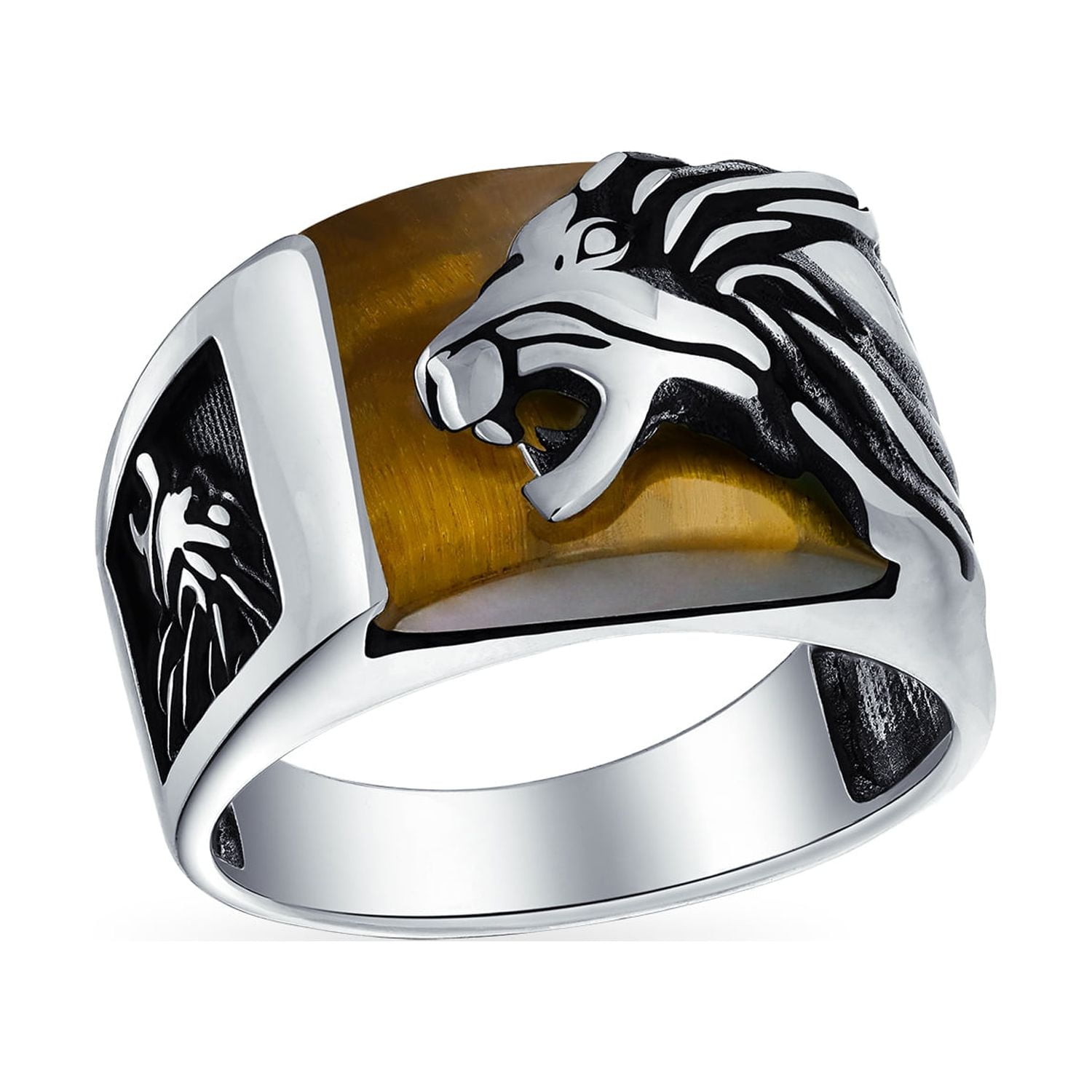 Bling Jewelry Mens Mens Silver Ring with Black Onyx and Tiger Eye Lion ...
