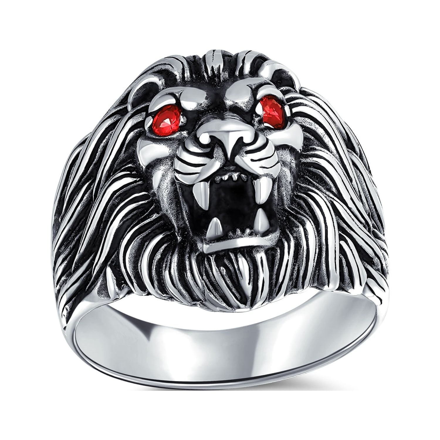Bling Jewelry Mens Mens Silver Ring with Red Ruby Eyes Lion Design ...