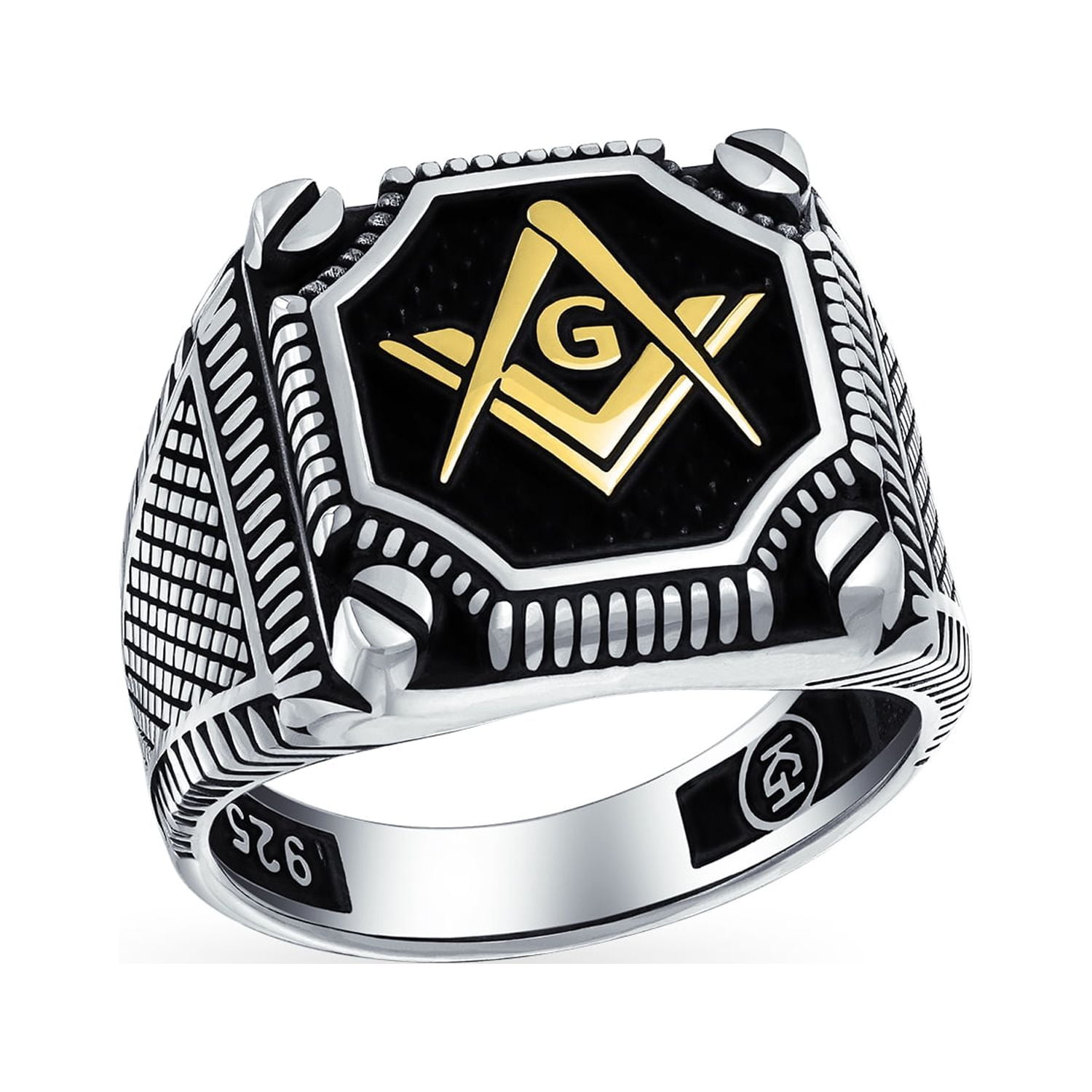 Bling Jewelry Mens Mens Silver Ring with Tri Tone Black Inlay Compass ...