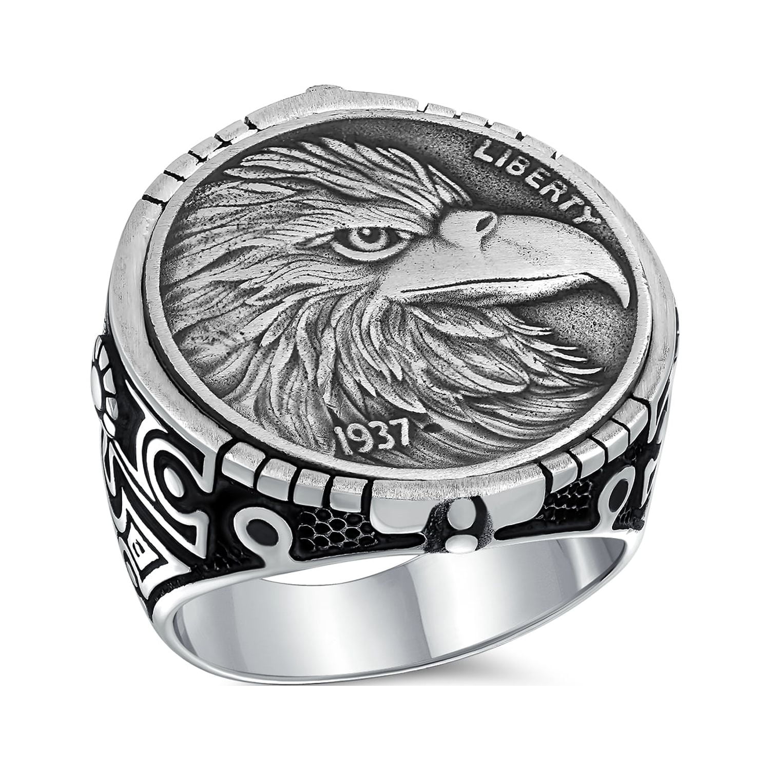 Bling Jewelry Mens Mens Silver Ring with Patriotic USA Eagle Head Coin ...