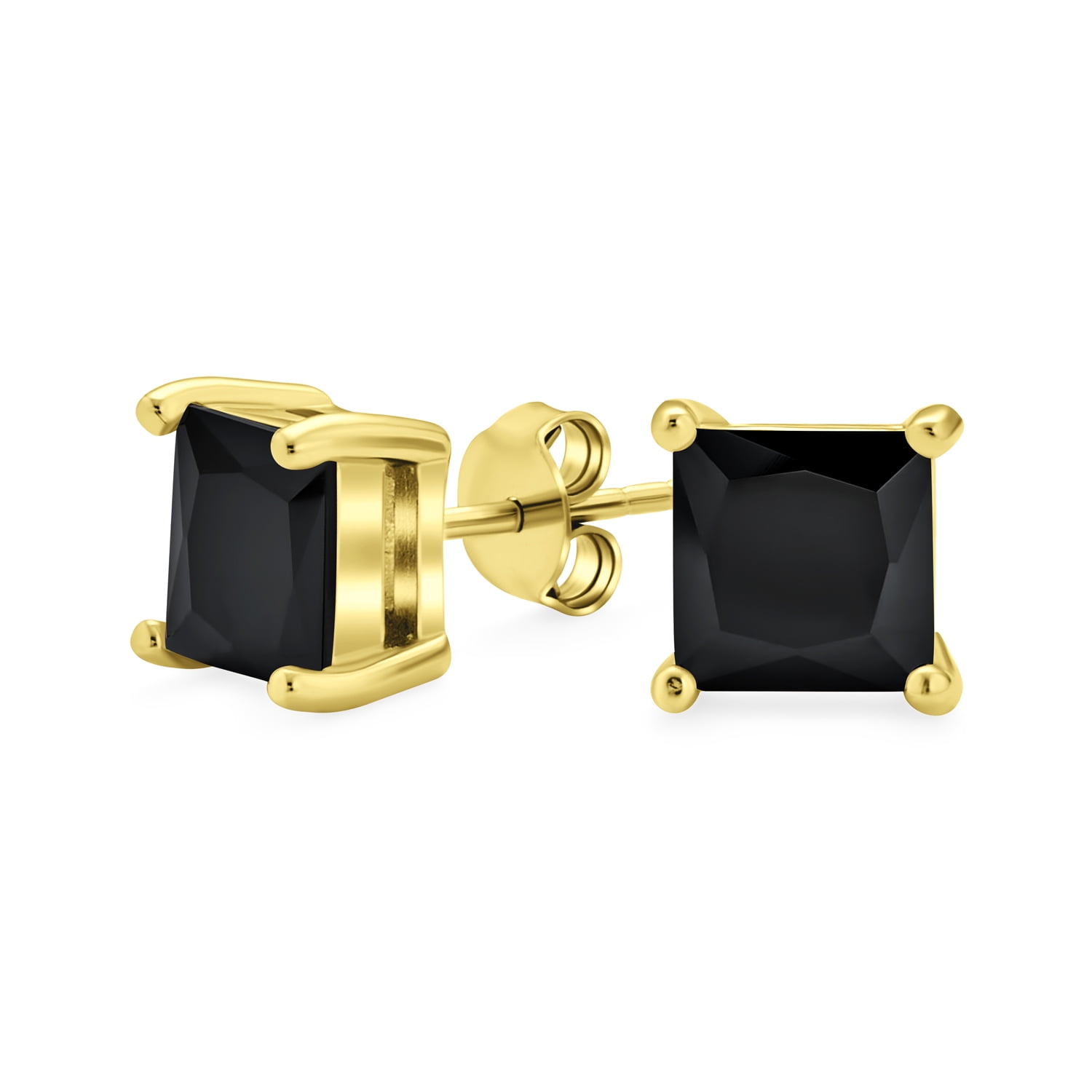 Bling Jewelry Unisex Black Square Princess CZ Stud Earrings Gold Plated ...