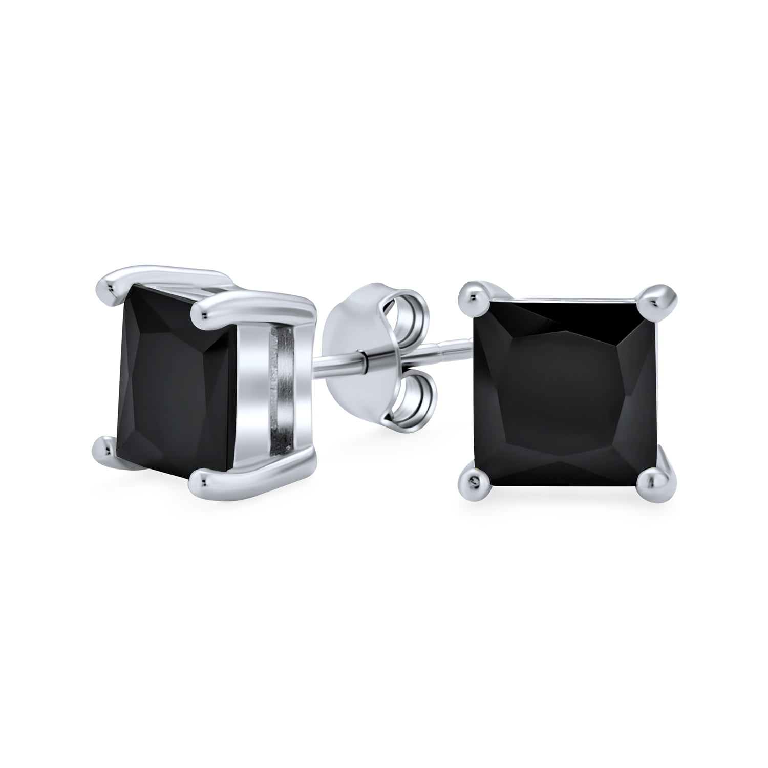 Bling Jewelry Unisex Classic Black CZ Stud Earrings for Men, Square Princess Cut, Sterling ...