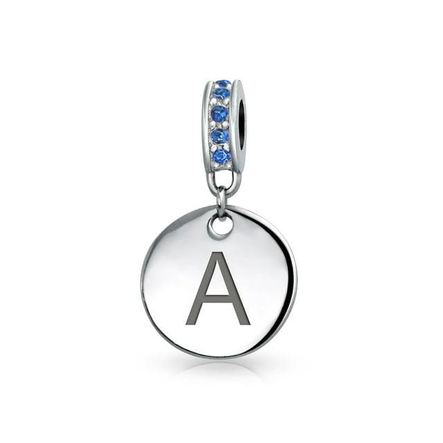 Blue Crystal Alphabet Initials Disc Dangle Circle Charm .925 Silver ...