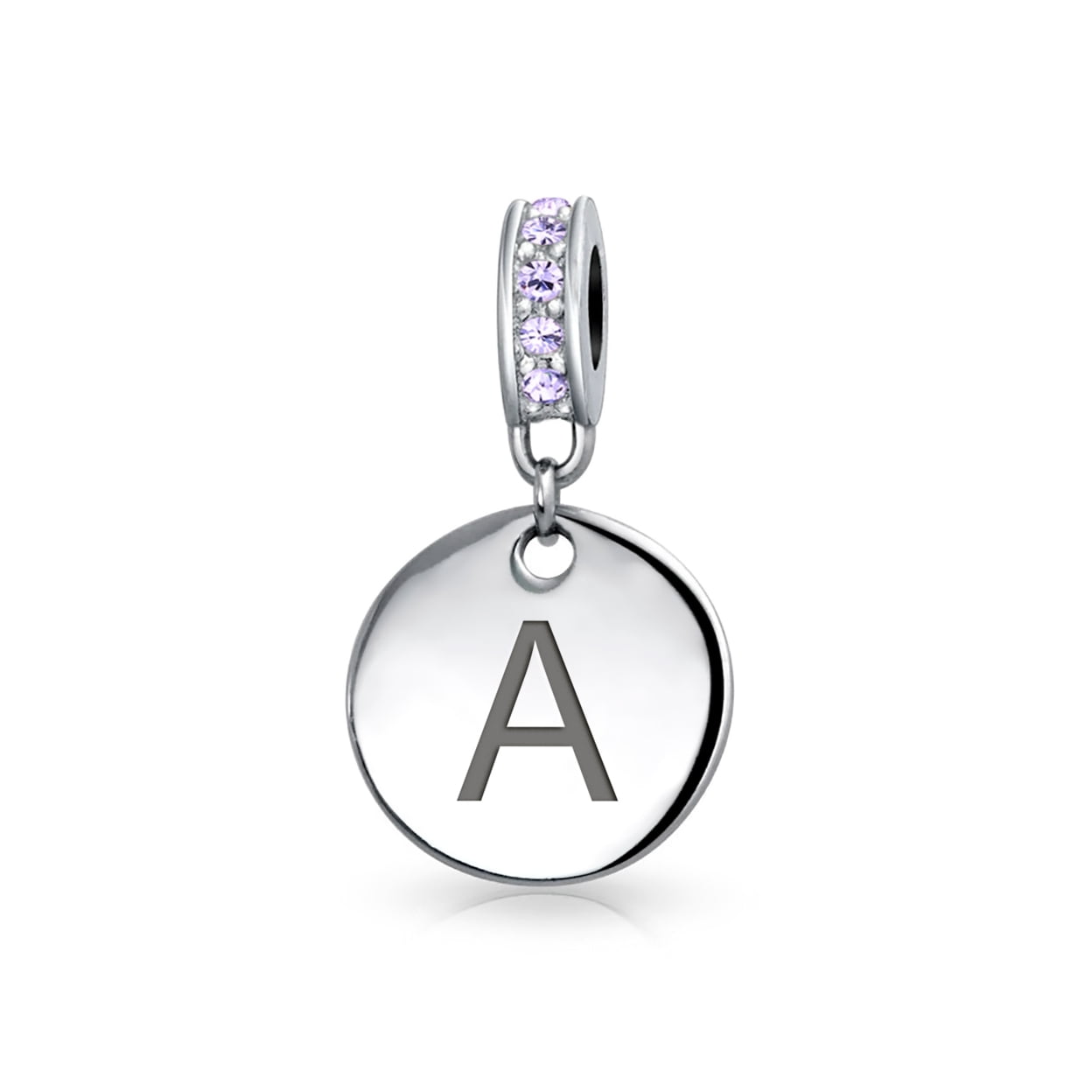 Purple Crystal Alphabet Initials Disc Dangle Circle Charm .925 Silver ...