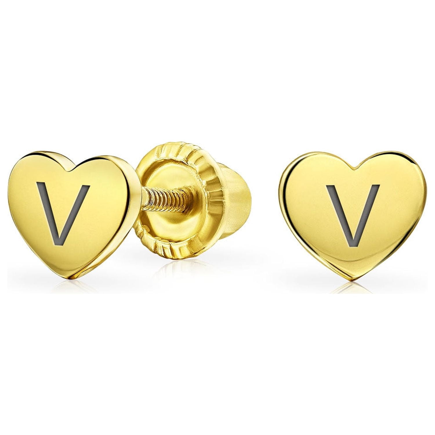 Bling Jewelry Womens Initial Letter A-Z 14K Gold Heart Shaped Stud Earrings, Customizable for ...