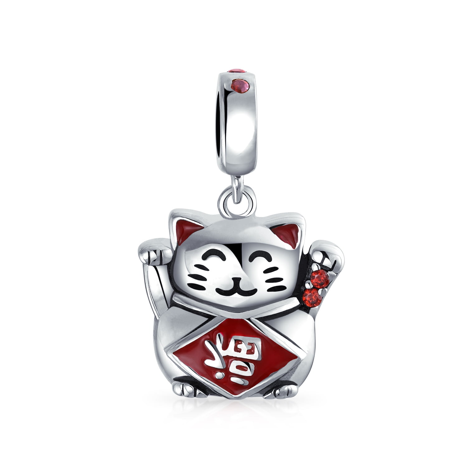 Bling Jewelry Womens Japanese Maneki Neko Lucky Cat Dangle Charm Bead Red Enamel Sterling Silver ...
