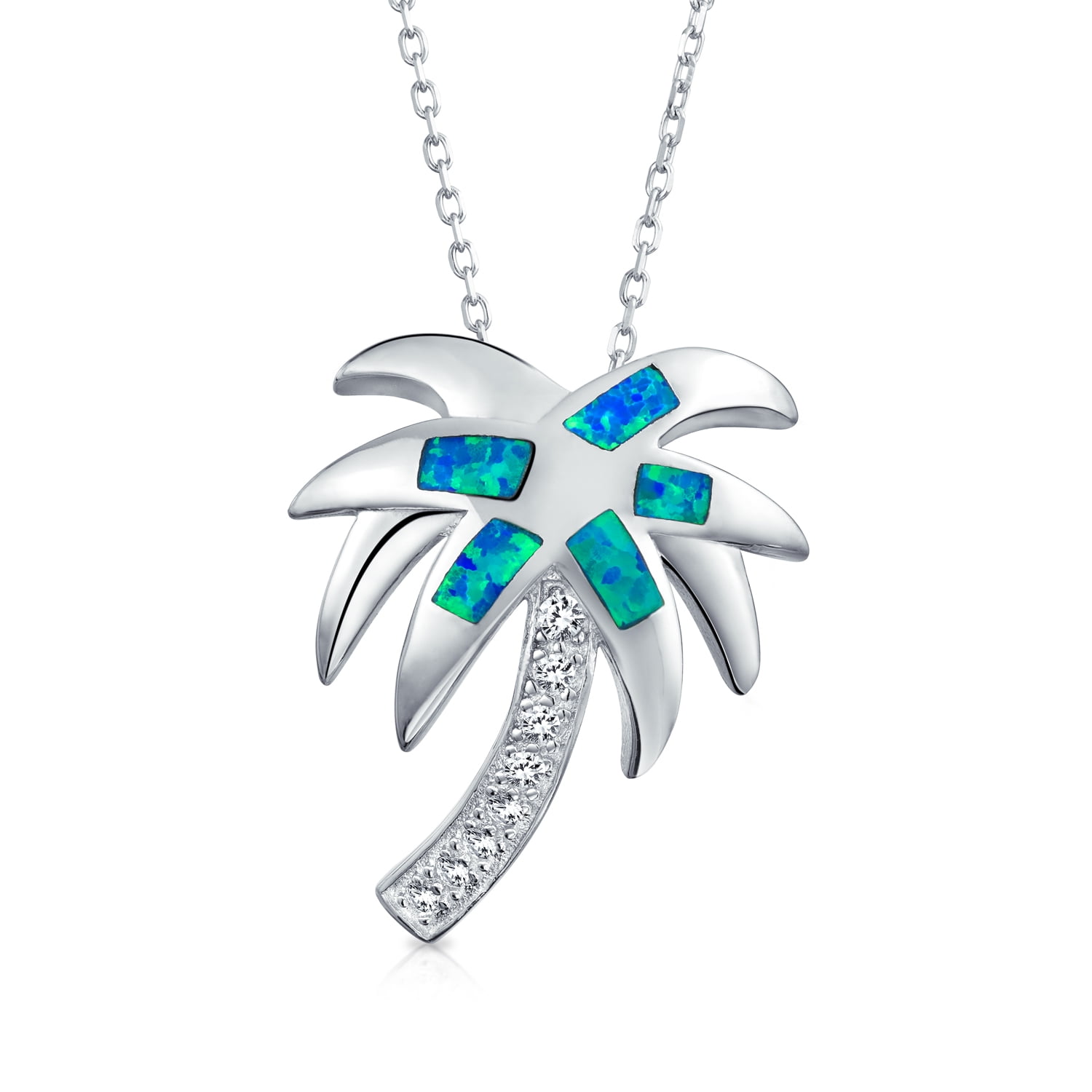 Bling Jewelry Womens Nautical Tropical Opal Palm Tree Pendant Necklace in Sterling Silver ...