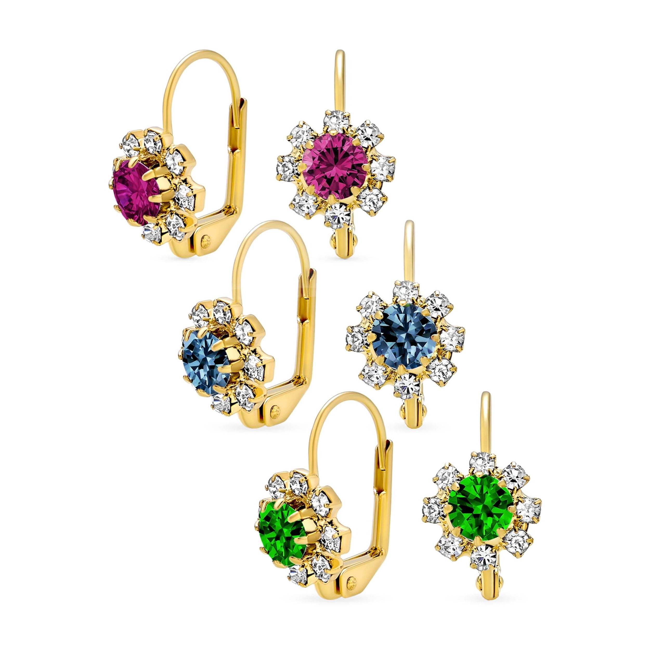 Bling Jewelry Womens Blue Green Pink White Crystal Flower Earrings 18K ...