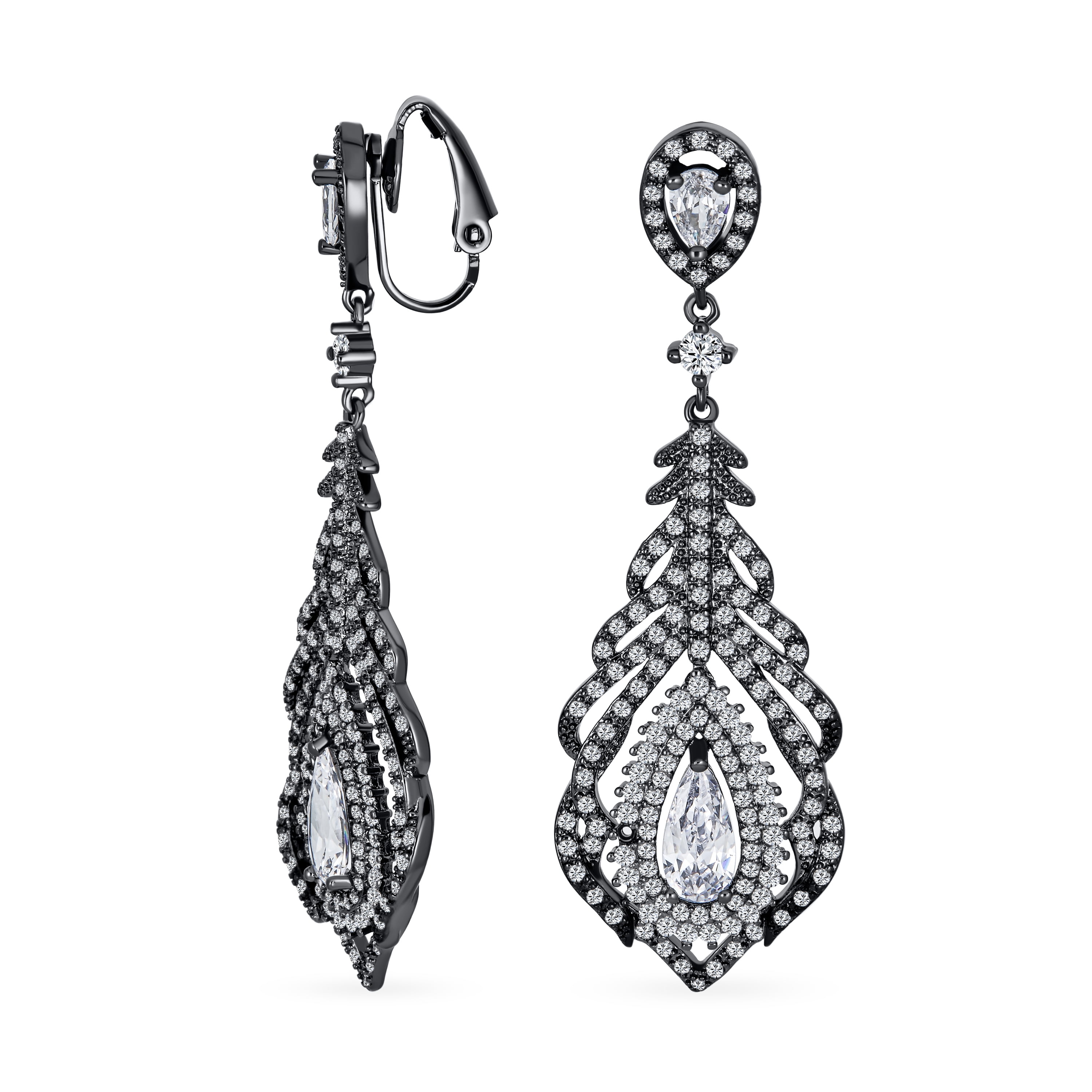 Bling Jewelry Womens Vintage Art Deco Cubic Zirconia Teardrop Clip-On Earrings BlackSilver ...