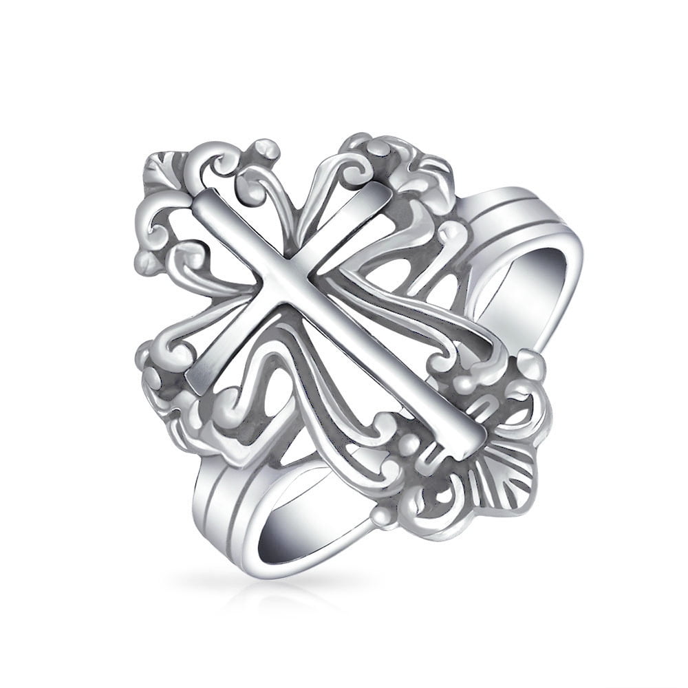 Bling Jewelry Womens Vintage Style Fleur De Lis Cross Silver Ring for ...
