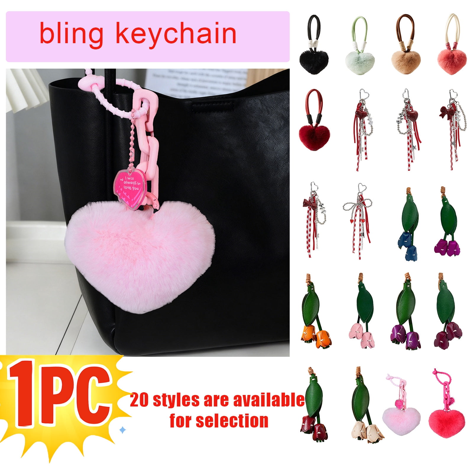 Bling Keychain for Handbags,Red Bow Pendant with Heart Rhinestone ...