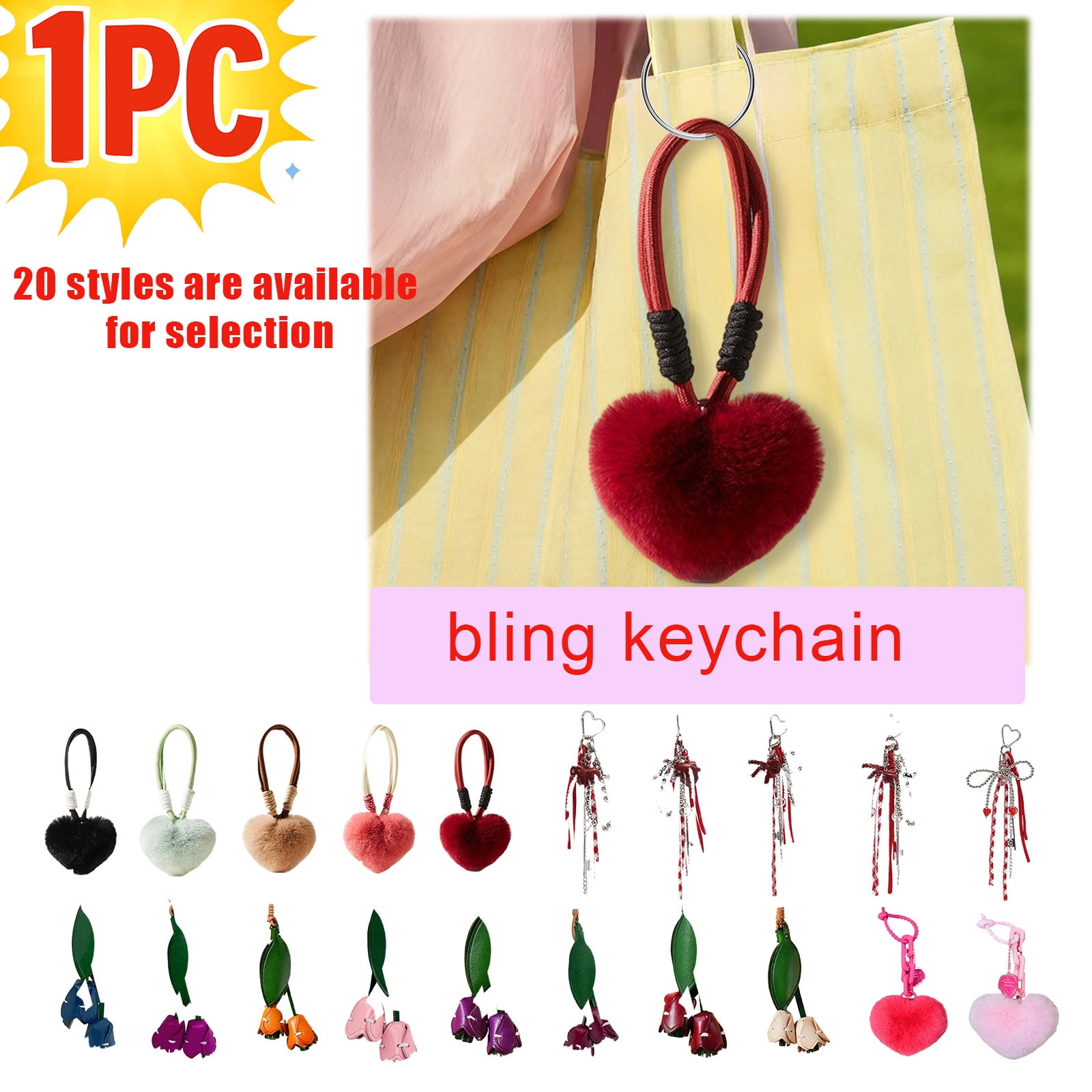 Bling Keychain,Red Bow Heart-Shaped Rhinestone Pendant,Cute Handbag ...