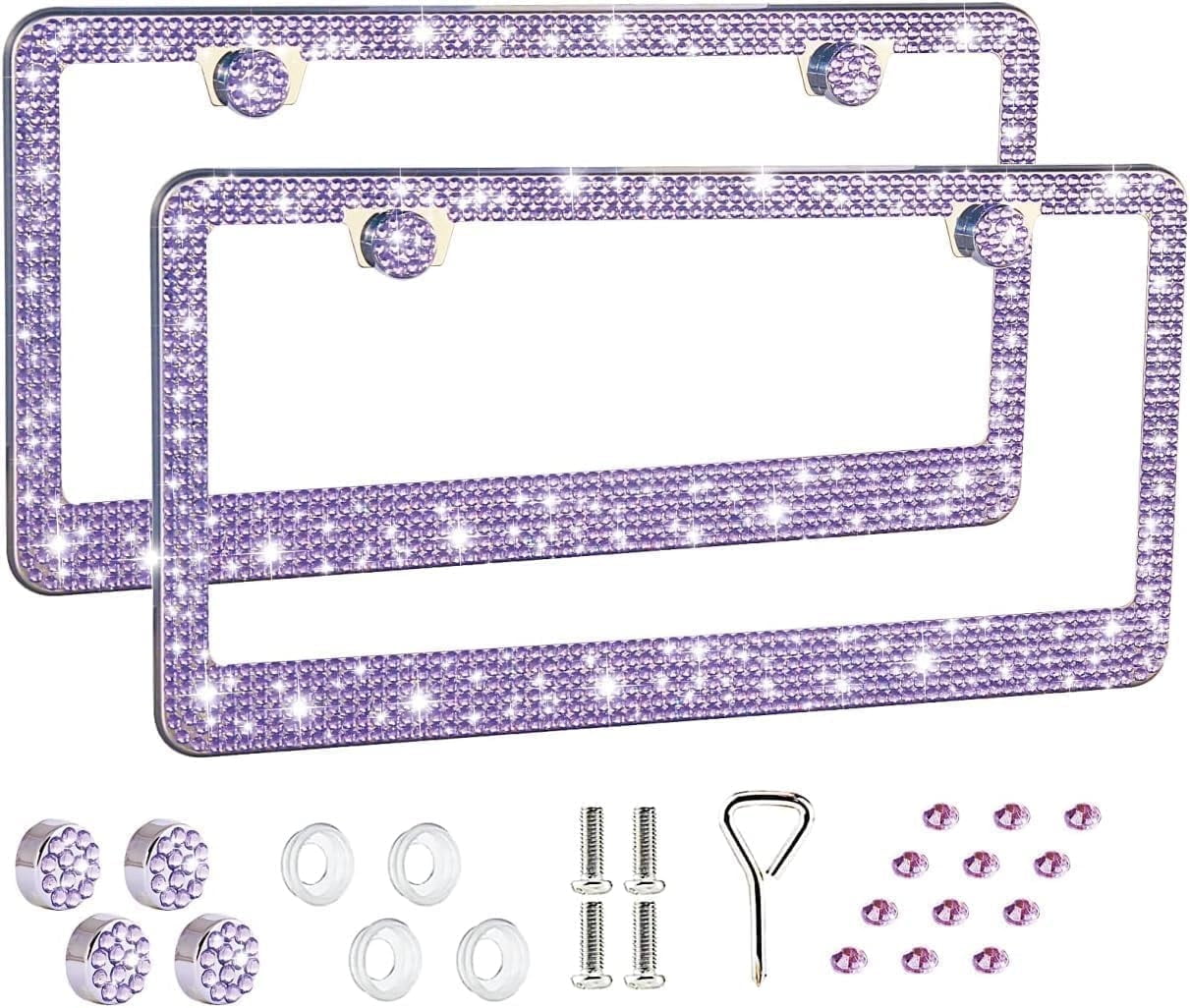 Bling License Plate Frame for Women,2 Pack Premium Stainless Steel Rhinestone Car License Plate ...