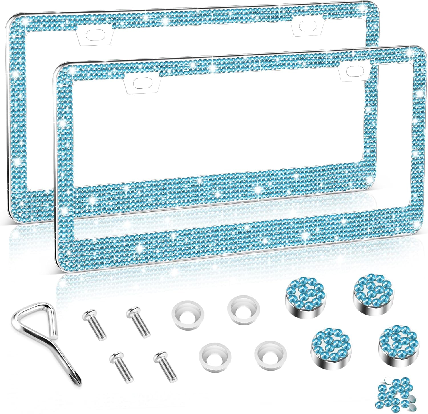 Bling License Plate Frame for Women, 2Pack Rhinestone Handcrafted Crystal Premium Stainless ...