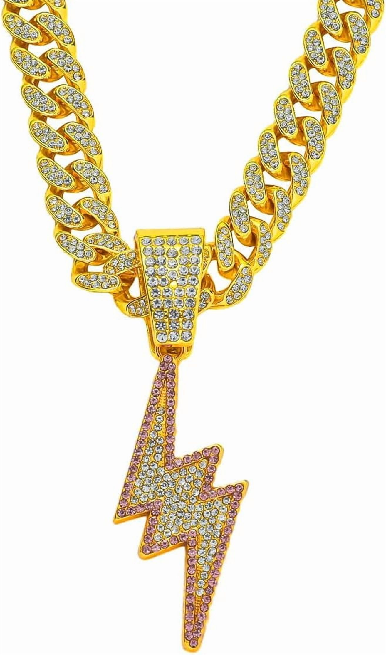 Bling Lightning Bolt CZ Iced Out Necklace for Men,Fake Diamond Thick ...