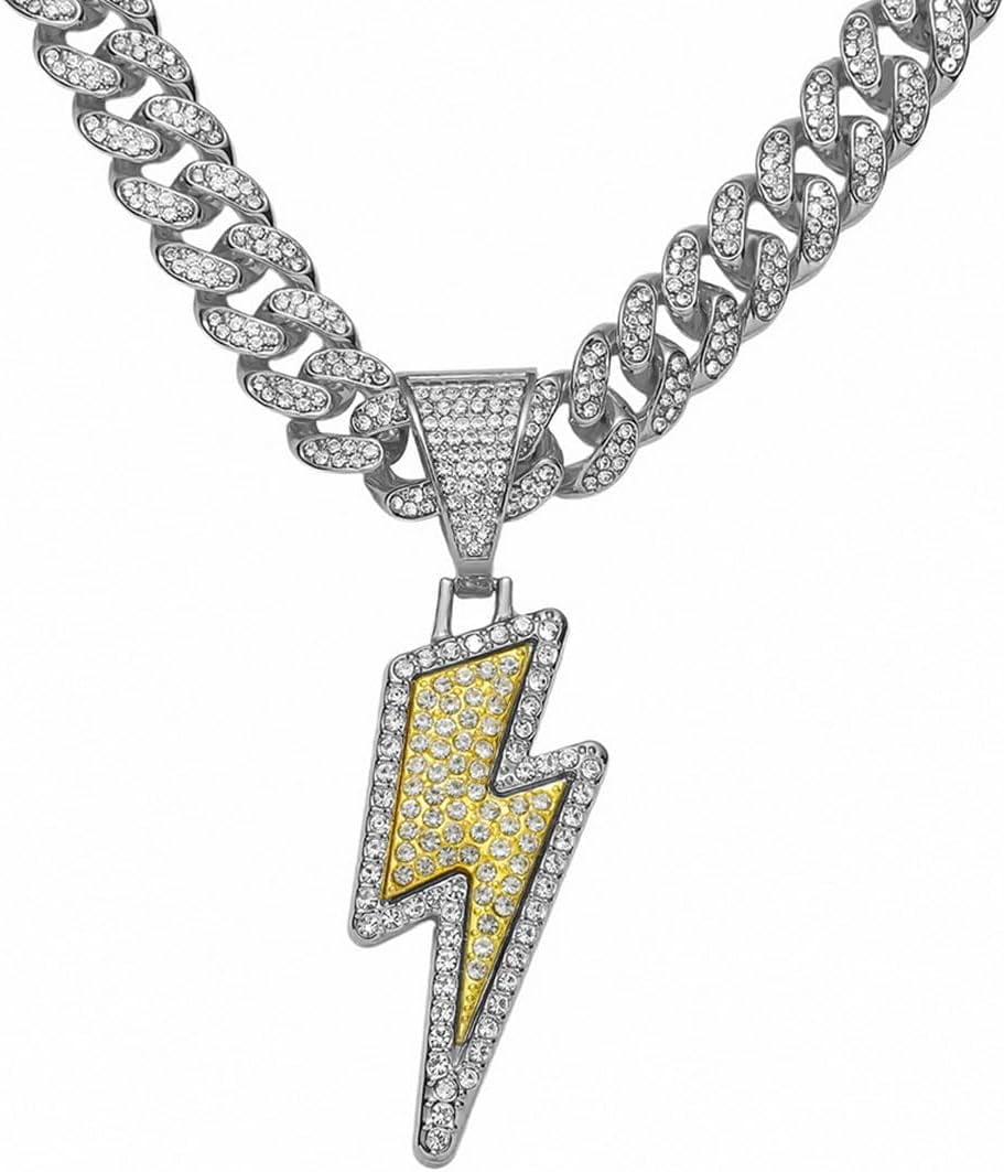 Bling Lightning Bolt CZ Iced Out Necklace for Men,Fake Diamond Thick ...