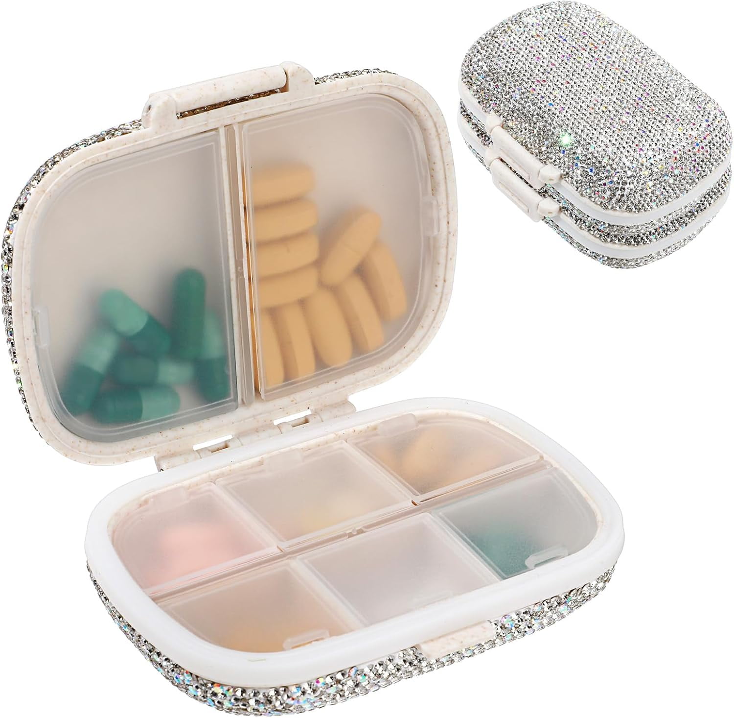 Bling Pill Organizer with 8 Compartments, Silver Portable Pill Case ...