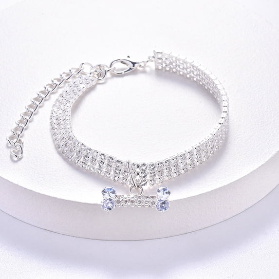 Bling Rhinestone Dog Collar Necklace Adjustable Three Rows Bone Pendant ...