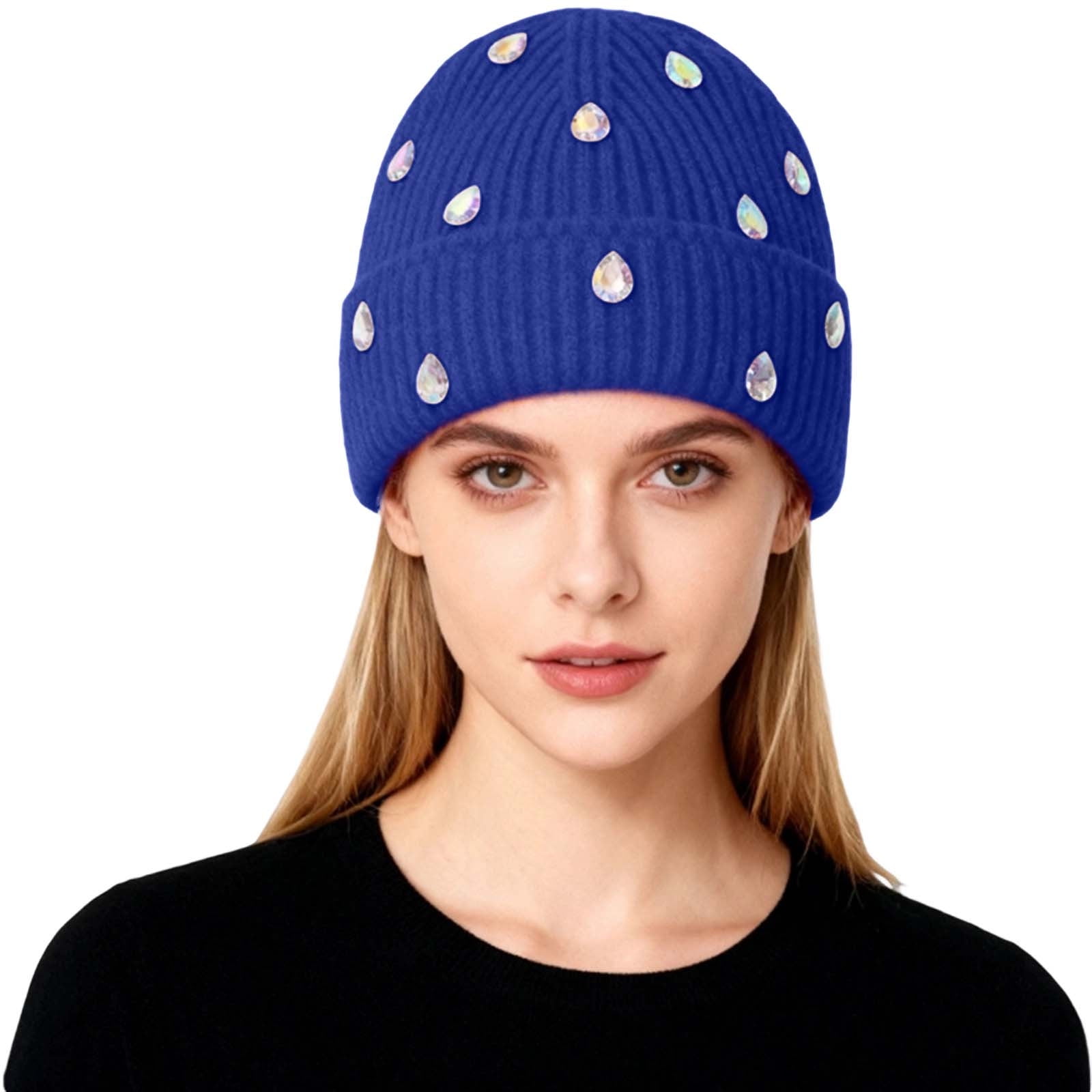 Bling Rhinestone Double Layer Knit Beanie Hats for Women Girls Warm ...