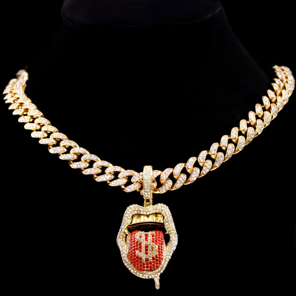 Bling Rhinestone Hip Hop Dollar Tongue Pendant Necklace for Men and ...