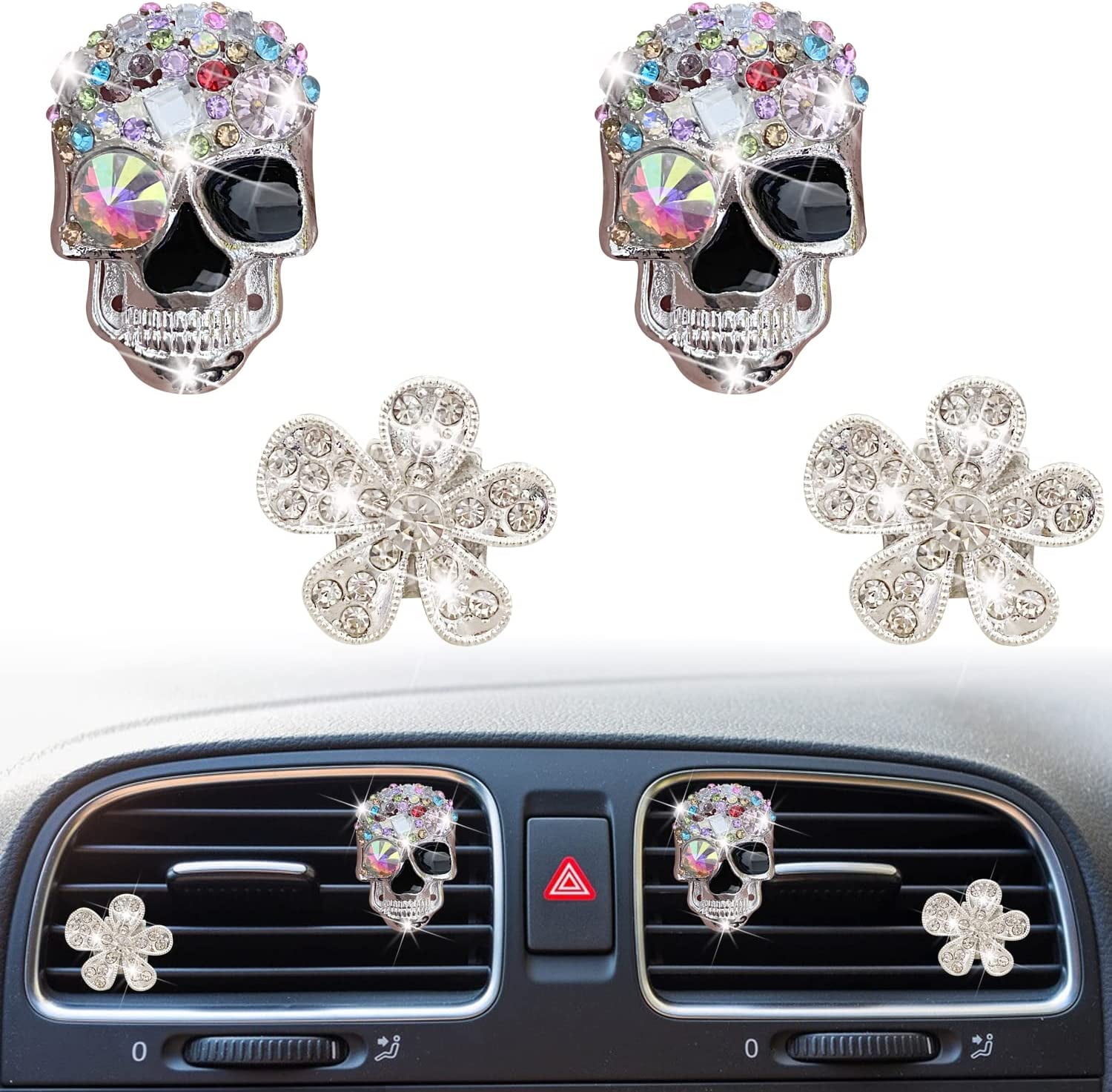 Bling Skull & Daisy Air Vent Clips, 4 Pcs Crystal Skull Car Air ...