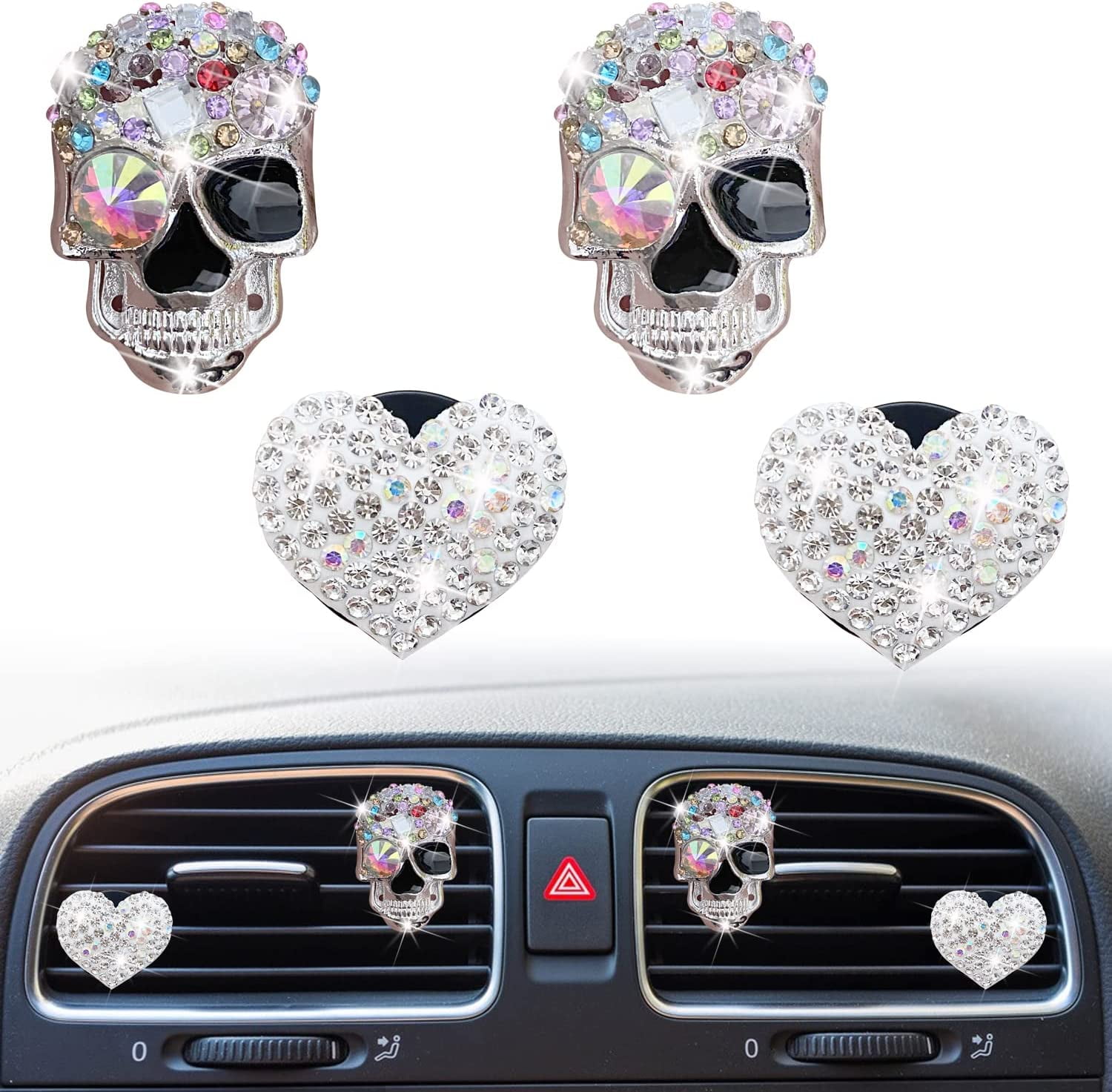 Bling Skull & Heart Air Vent Clips, 4 Pcs Crystal Skull Car Air ...