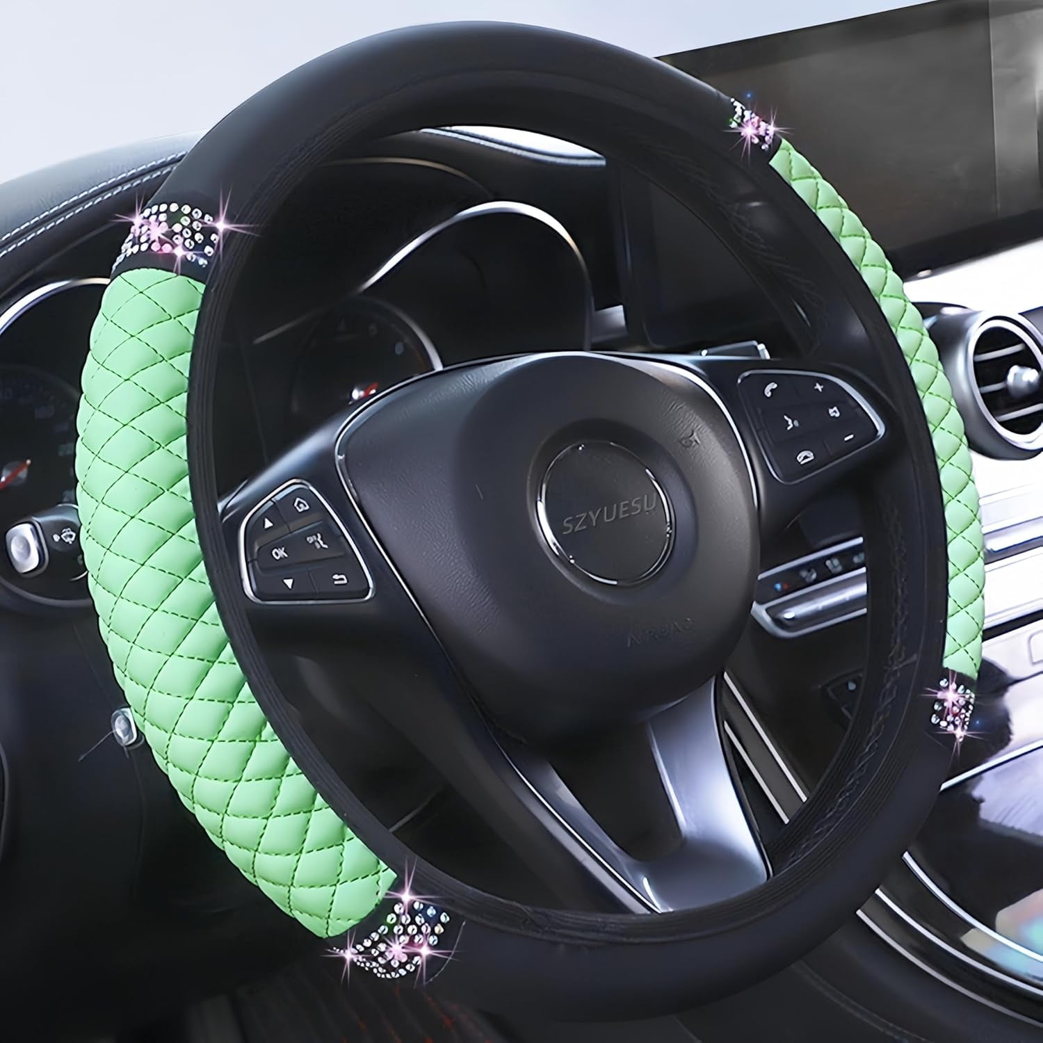 Bling Soft Leather Steering Wheel Cover 15 Inch with Sparkly Diamond ...