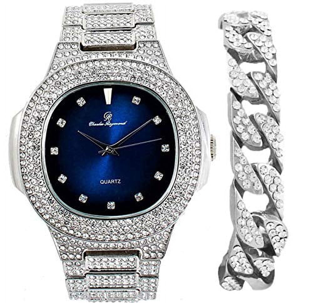 Bling-ed Out Midnight Blue Sky Oblong Metal Mens Silver Watch with ...