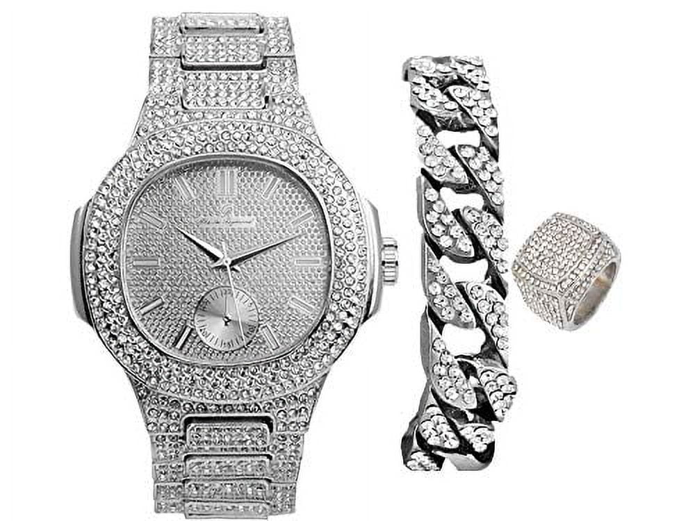 Bling-ed Out Oblong Mens PP Look Watch with Silver Dial w/Matching ...