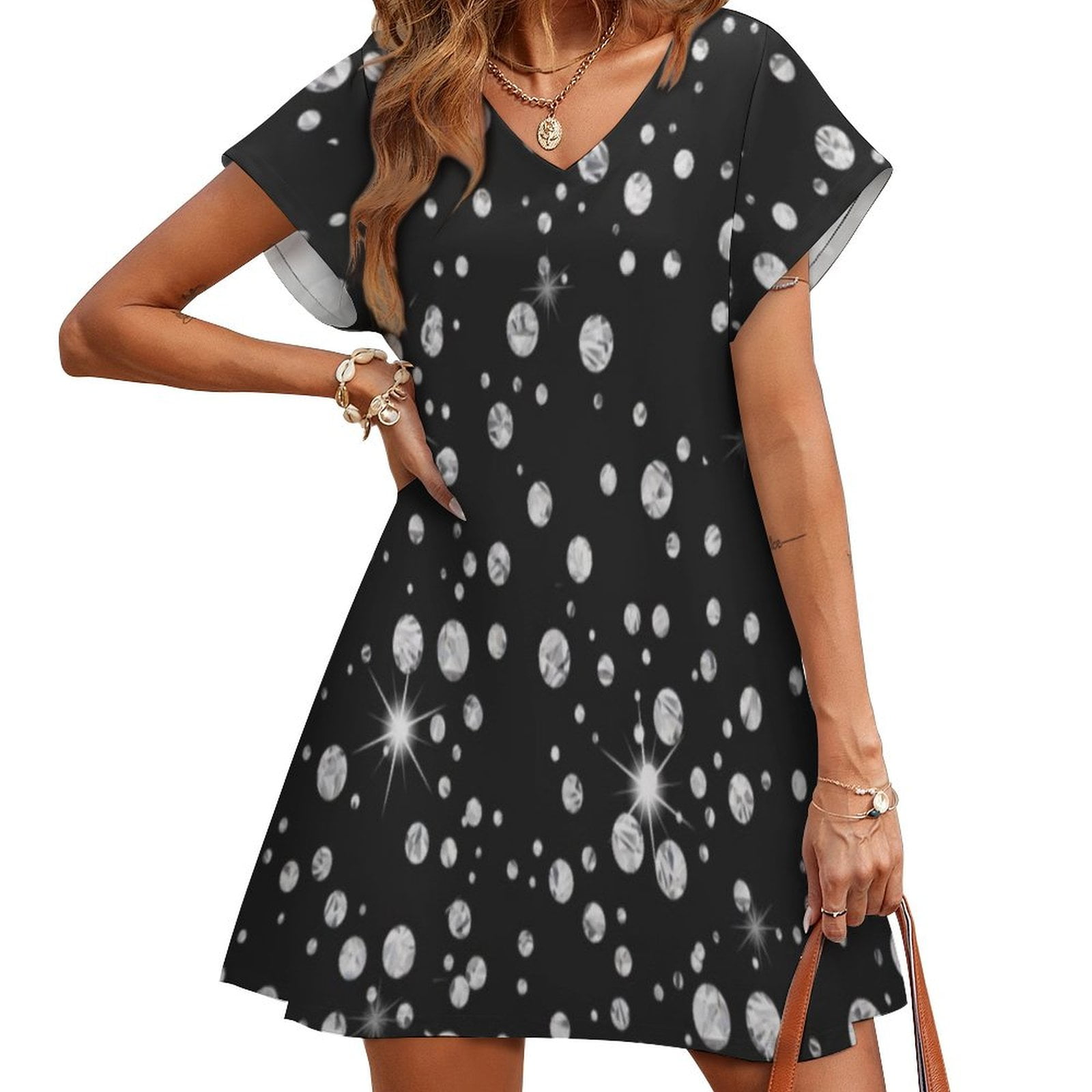 Bling with Diamond Ladies Summer Short Sleeve Fashion Dress V Neck ...