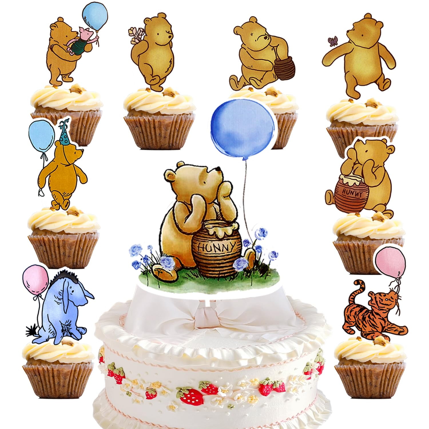 BlingABC 25Pcs Winnie Cake Topper, Classic Pooh H2FSDBear Cupcake Toppers Decor for Winnie Theme ...