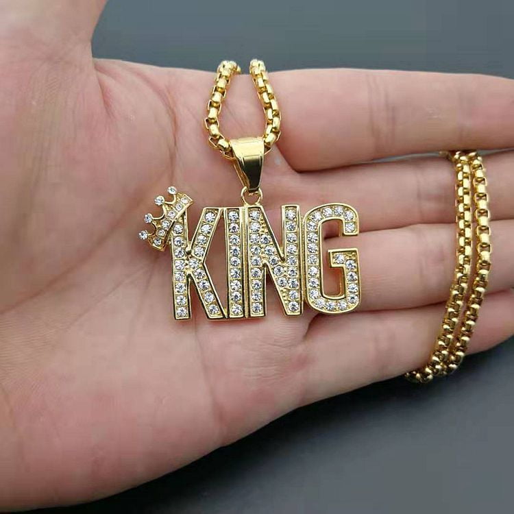 BlingBling full Rhinestone crown KING pendant necklace 14K Yellow Gold ...