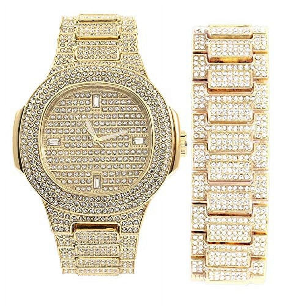 Blinged Out Oblong Case Metal Mens Watch w/Matching Blinged Out ...