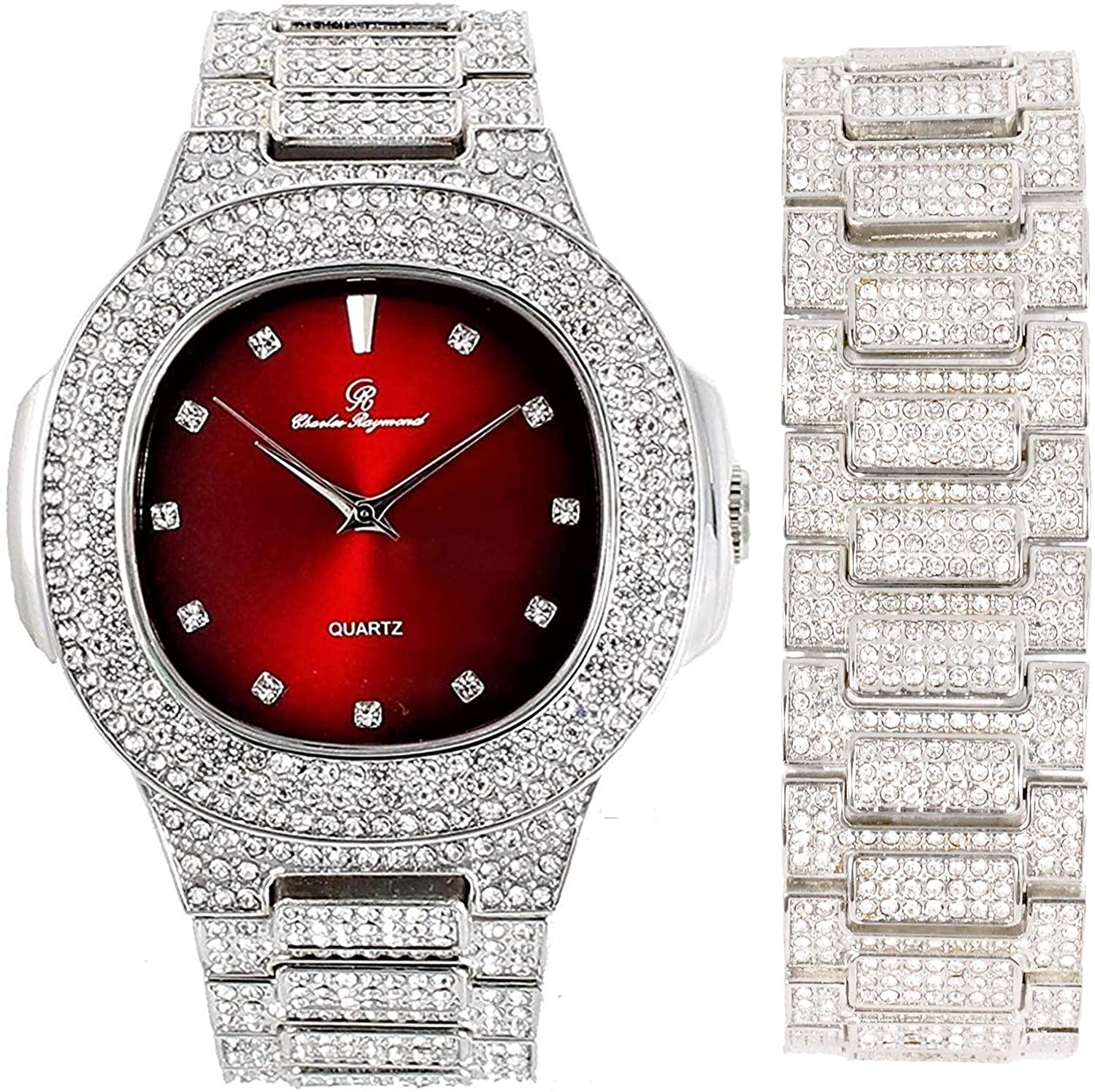 Blinged Out Oblong Case Metal Mens Watch w/Matching Blinged Out ...