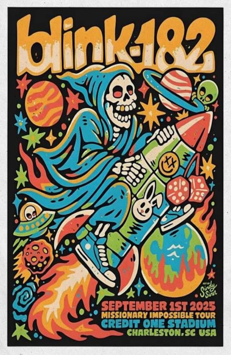 Blink 182 Inspired Concert Poster, Punk Rock Skull Space Artwork ...