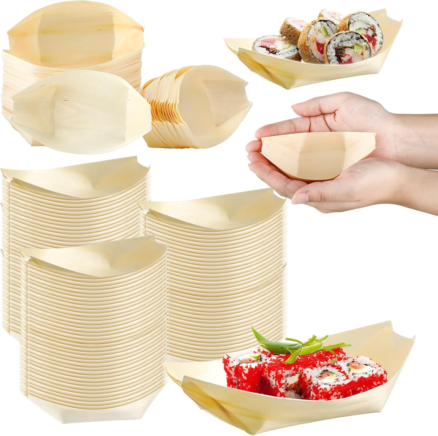 BlinkLLX 300 Pcs Disposable Wood Boat Plates Dishes 4 Inches Bamboo ...