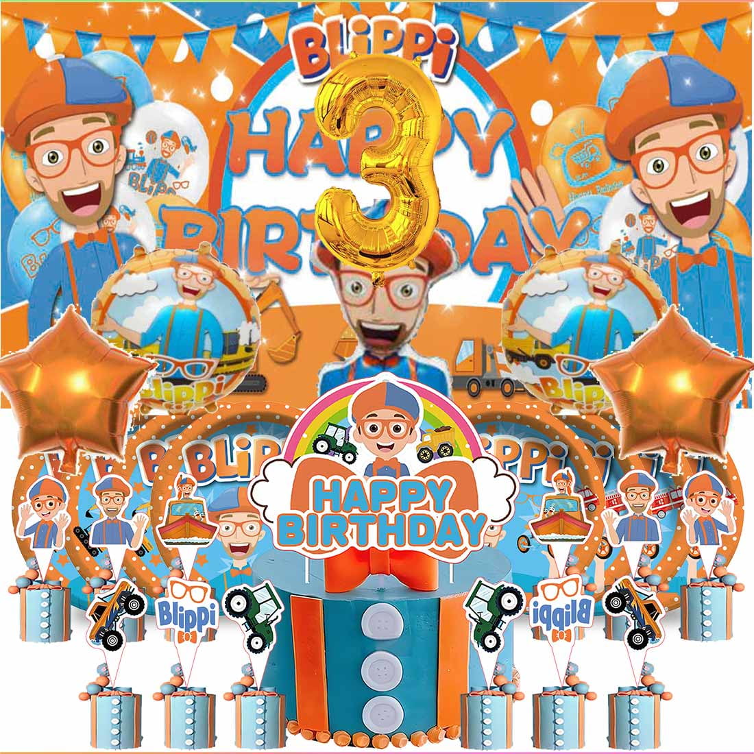 Blippi 3rd Tableware Balloons Cake Toppers Backdrop Banner Supplies ...