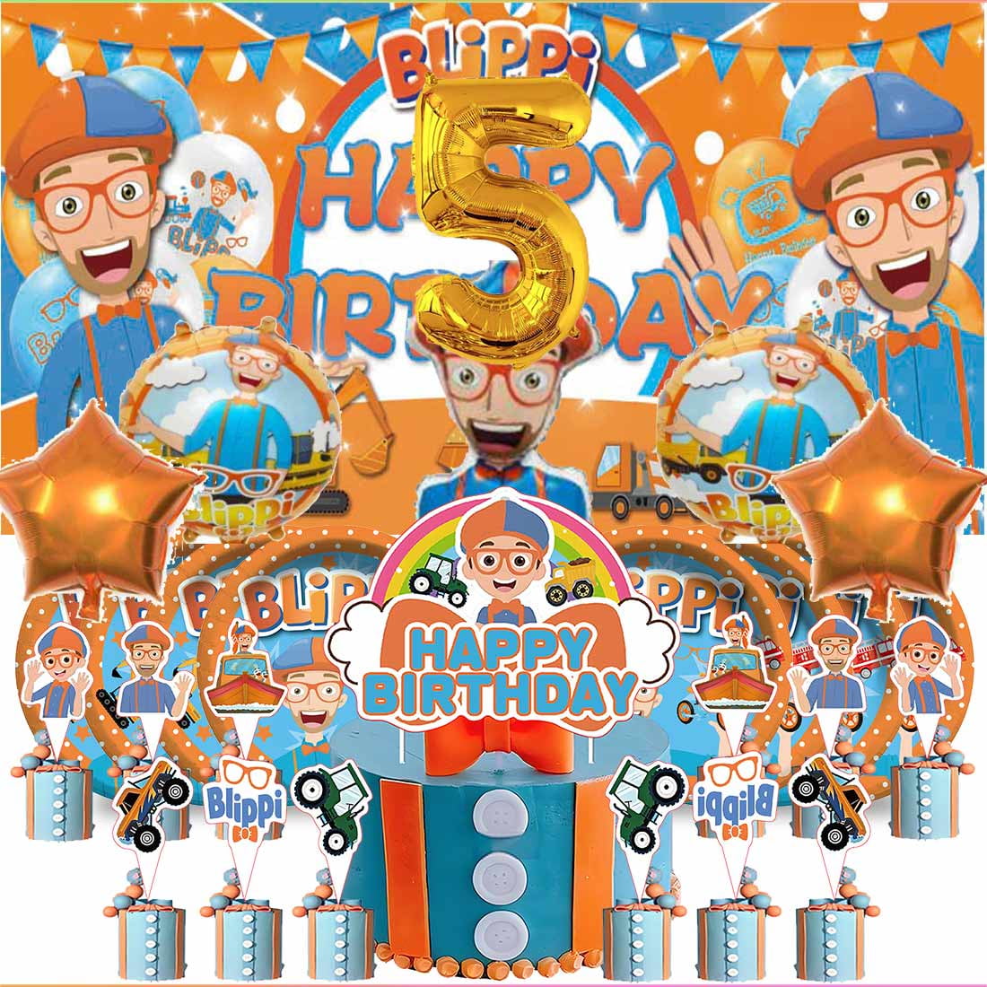 Blippi 5th Tableware Balloons Cake Toppers Backdrop Banner Supplies ...