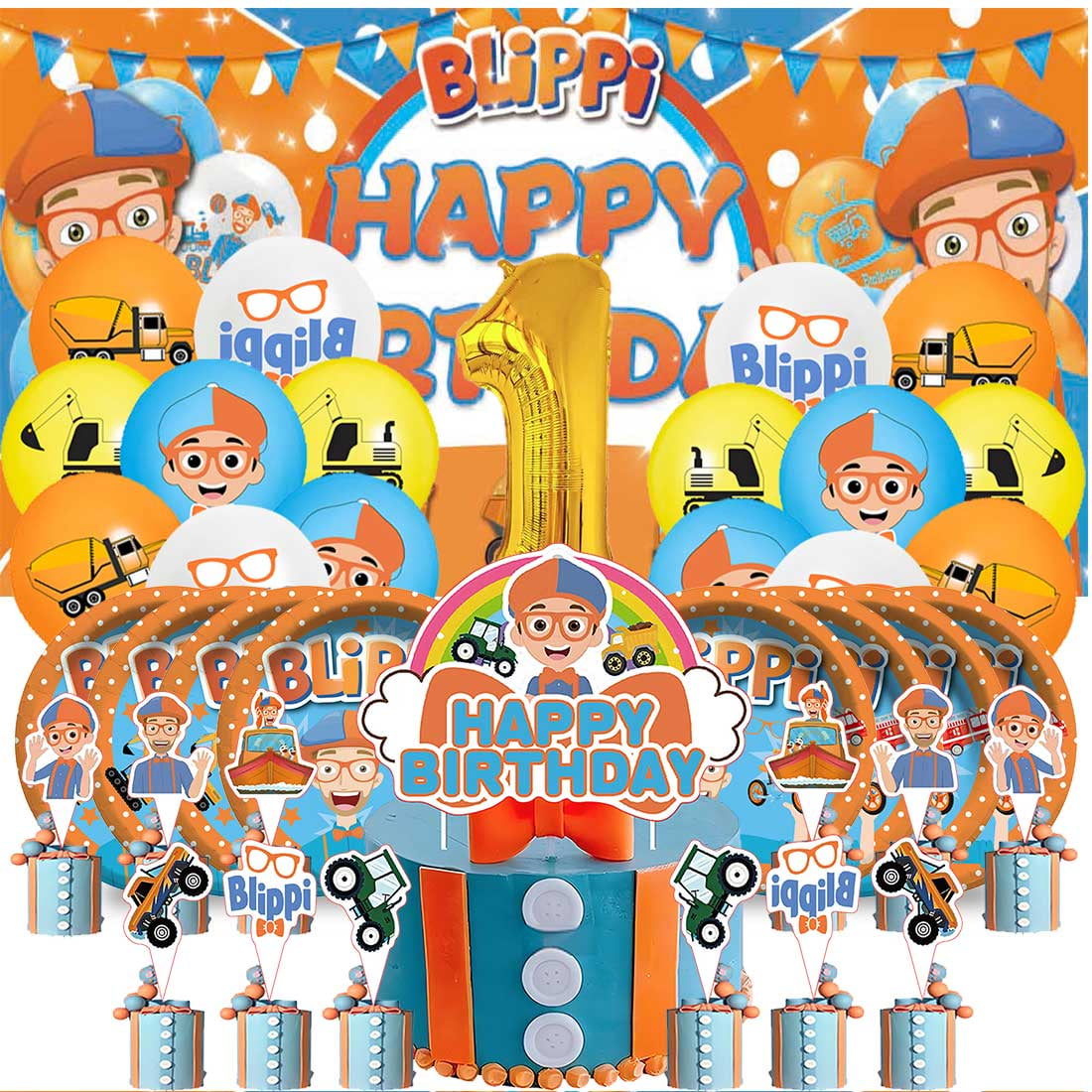 Blippi Balloons Party Supplies 1st Decor Tableware Birthday Cake Topper ...