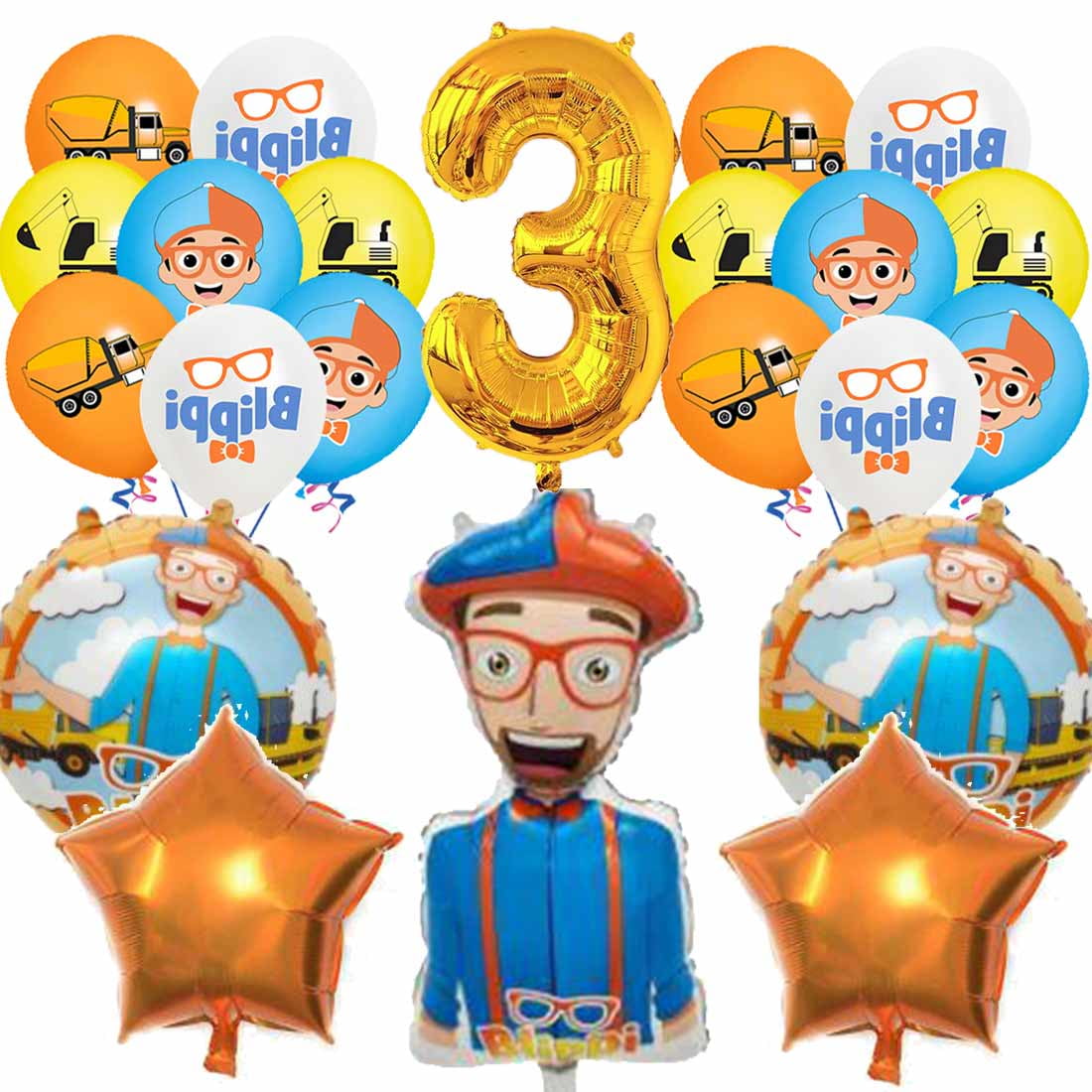 Blippi Balloons Party Supplies 3rd Big Number Decorations Decor Kit ...