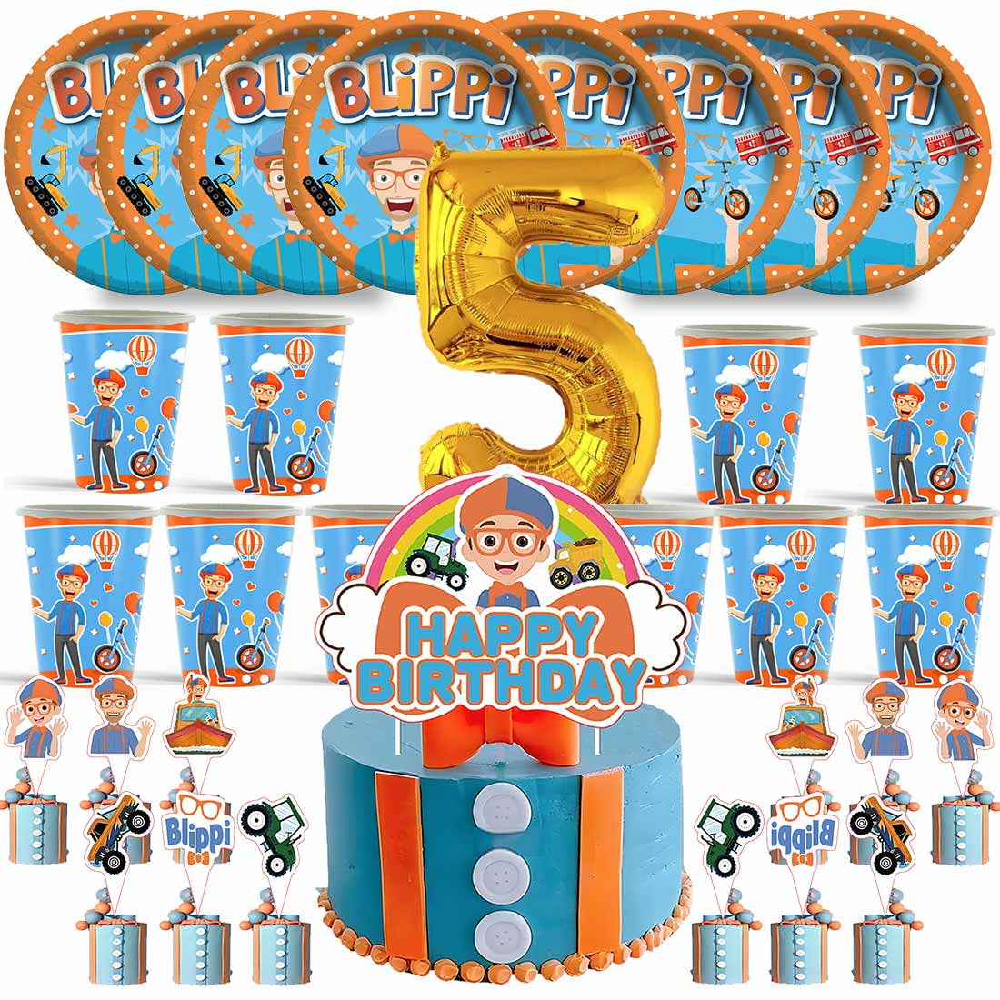 Blippi Birthday 5th Cups Party Supplies Plates Fans Decorations Cake ...