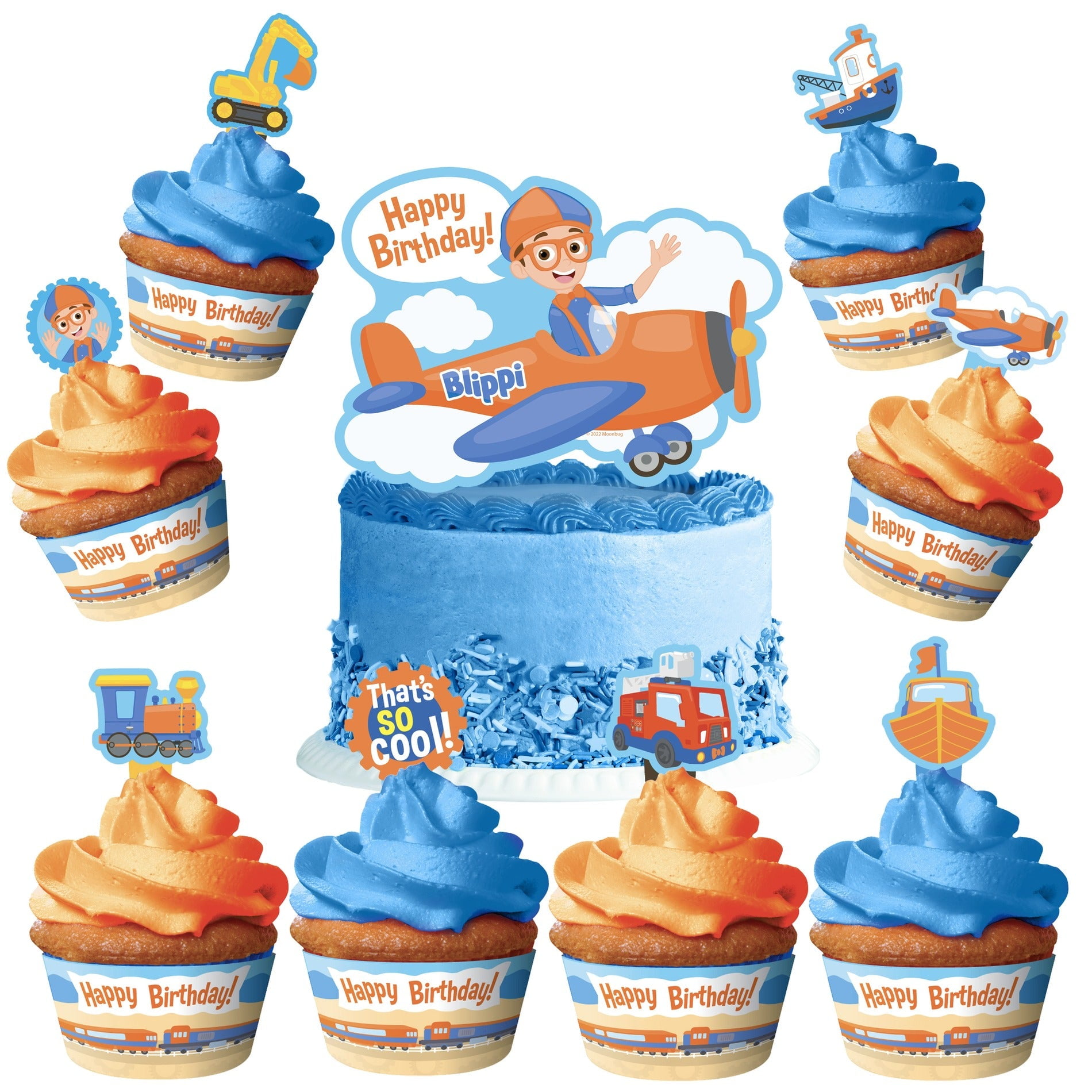 Blippi Birthday Decorations: Durable Cake & Cupcake Toppers Kit Vehicle ...