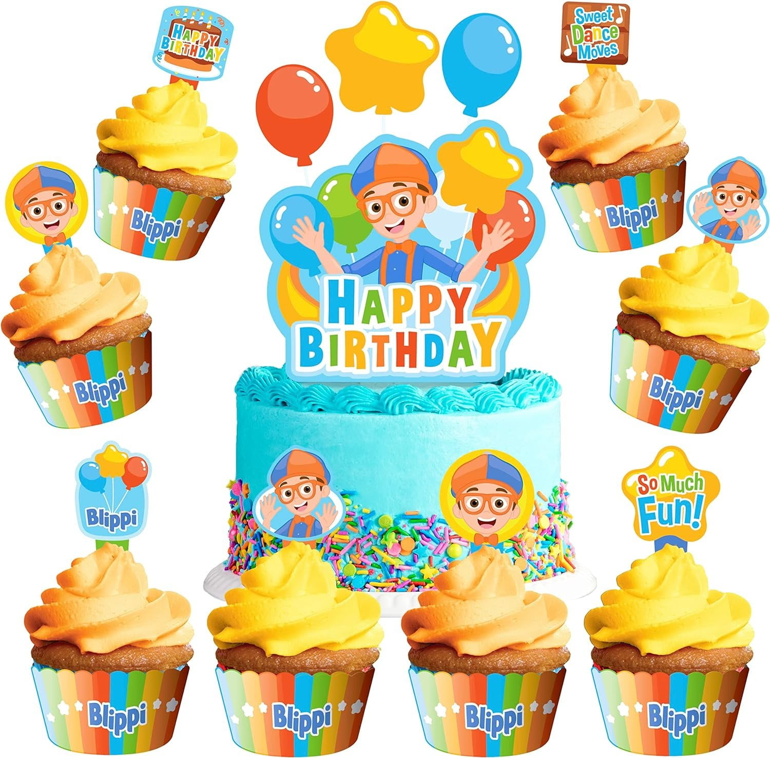 Blippi Birthday Cake Topper & Blippi Cupcake Toppers Kit - Walmart.com
